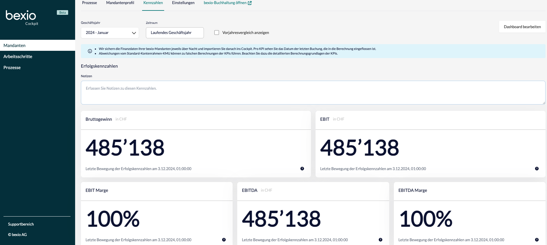 Detailansicht eines Mandanten im bexio Cockpit